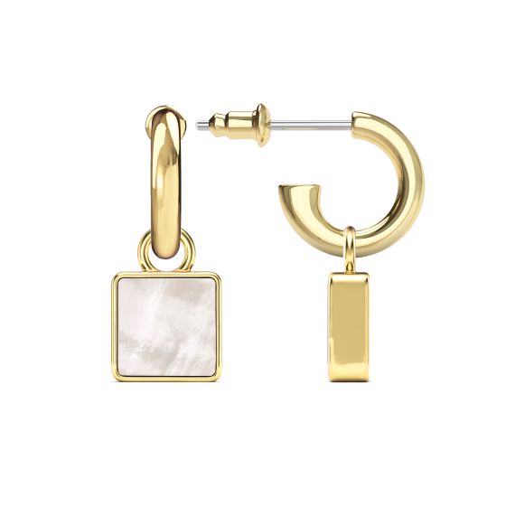 MYJS Jewellery Square Gold Plated Mother of Pearl Charm Earrings with Elegant Drop Design Paired with Basics Mix Hoop Carrier Earrings by MYJS